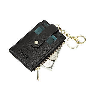 Cynure Women & Men Leather RFID Blocking Card Holder Slim Small Zipper Keychain Front Pocket Wallet with 2 ID Window, black