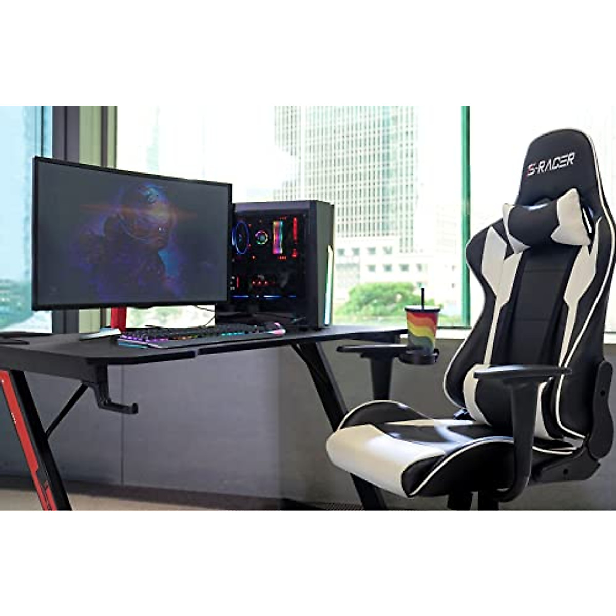 Homall Racing PU Leather Swivel Chair and 43.6 Inch Z Shaped Computer Desk Table Gaming Home Office Furniture Sets (White)