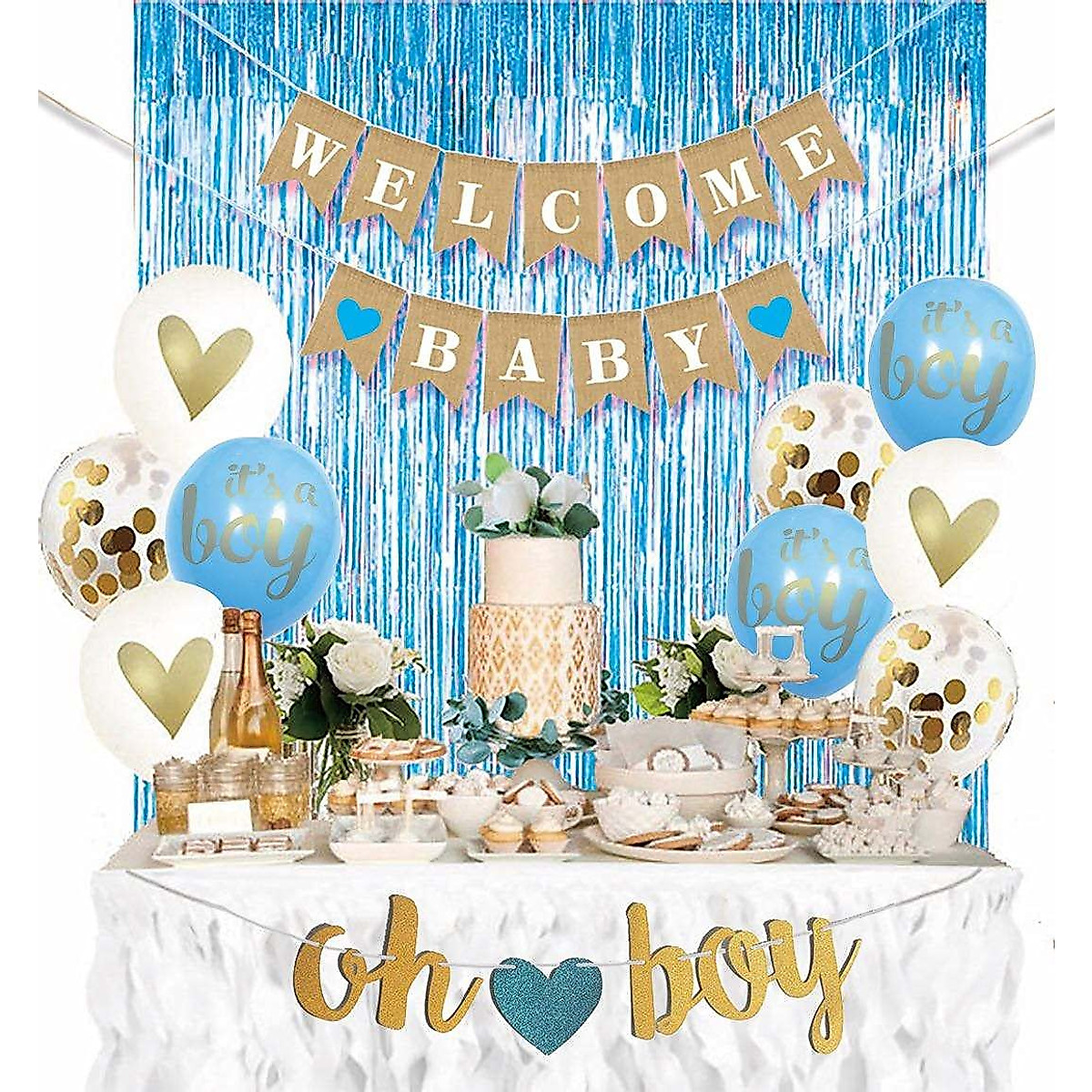 Blue, Boy Baby Shower Decoration Set, Rustic Welcome Baby Banner, 2 - Blue Metallic Curtains, Gold, Blue and White Baby Shower Decor Kit, Blue and White Balloons