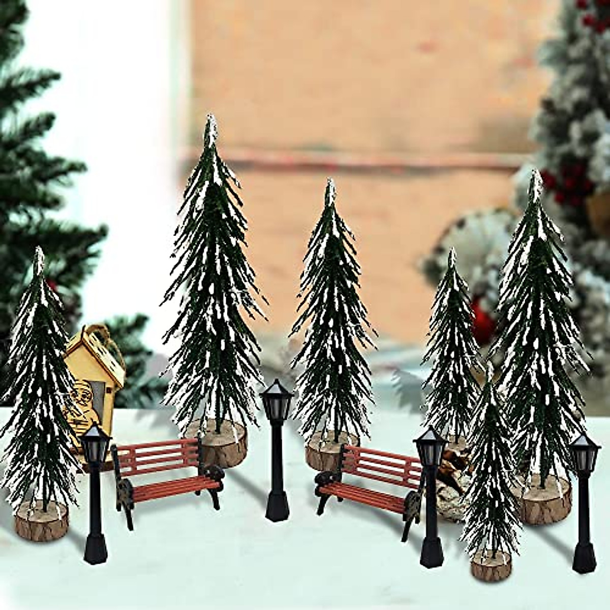 13 Pieces Mini Artificial Christmas Tree Set with Christmas Village Houses 4 Pieces Xmas Street Lamp Post and 2 Pieces Miniature Park Bench Seat for Christmas Table Top Decor