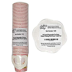 36 Disposable Tea Party Cups 5 oz 3" 36 Saucers 5" Paper Floral Shaped Plate Teacup Set with Handle for Kids Girls Mom Coffee Mugs Wedding Birthday Baby Bridal Shower Gold Foil & Pink Table Supplies