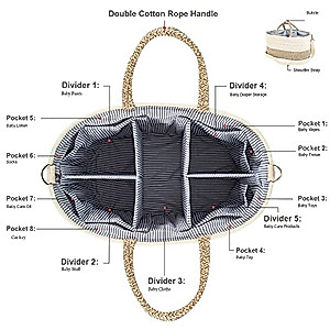 YeaYee Baby Diaper Caddy Organizer, X-Large, 5 Grids, 8 Pockets, Shoulder Strap Portable Nursery Storage Basket with 2 Changeable Compartments, 100% Cotton Woven Rope Bins, Newborn Gift