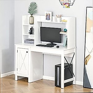 HOMCOM Farmhouse Computer Desk with Hutch and Cabinet, Home Office Desk with Storage, for Study, White
