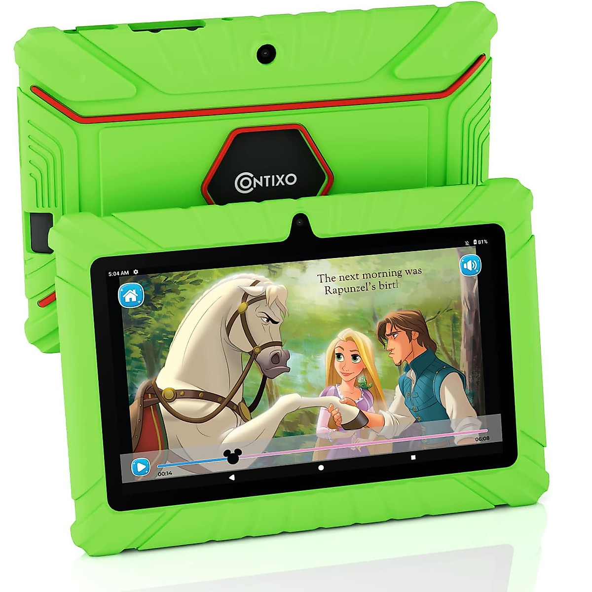 Contixo V8 7” Kids Tablet, 2GB RAM, 32GB Storage, Android 11 GO, Ultimate Learning Tablet for Children with 50+ Disney Storybooks, Kid Proof Protection Case, Green