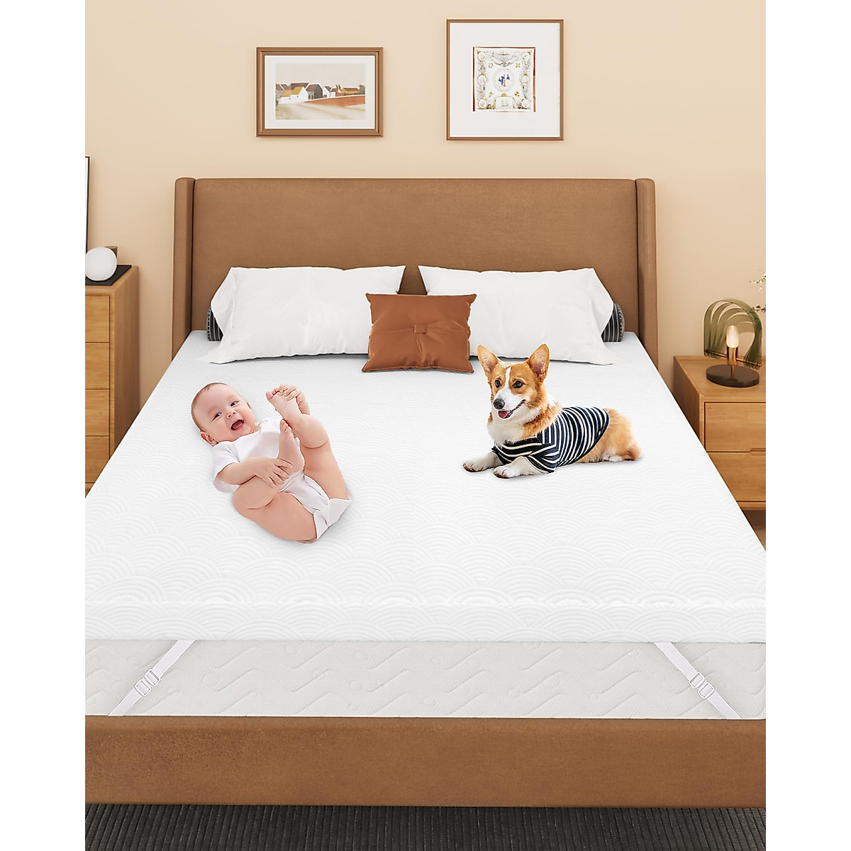 Zenzy 3" Full Waterproof Mattress Topper Cover, [100% Waterproof] [Ultra-Soft] Cover for Mattress Topper, Washable & with Adjustable Straps, Oeko-TEX Certified [Only Cover]- White