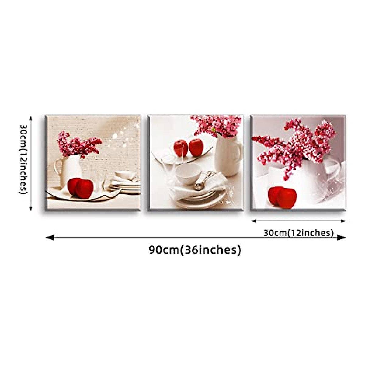 Red Apple Wall Art for Kitchen, SZ Flower Bowl and Dish Canvas Prints Decor for Dining Room (Waterproof Artwork, Bracket Mounted Ready to Hang)
