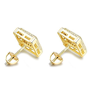 18K Gold Plated 925 Sterling Silver Iced Out Cubic Zirconia Screw Back Square Stud Earring For Men and Women Hypoallergenic Earring TwoTone Micropave Hip Hop Jewelry-Gold
