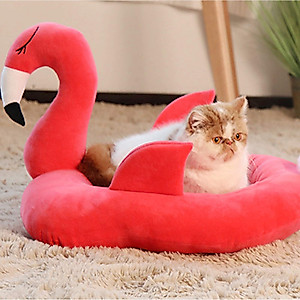 PJDDP Flamingo Plush Pet Bed for Small Cats and Dogs, Red, L