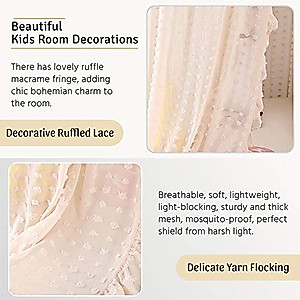 Kids Bed Canopy for Girls, Beige Crib Canopy Princess Hanging Children Canopy Tent, Toddler Girl Canopy Bed Netting for Baby Room Bedroom Reading Nook, Macrame Lace Boho Nursery Canopy with Pom Pom