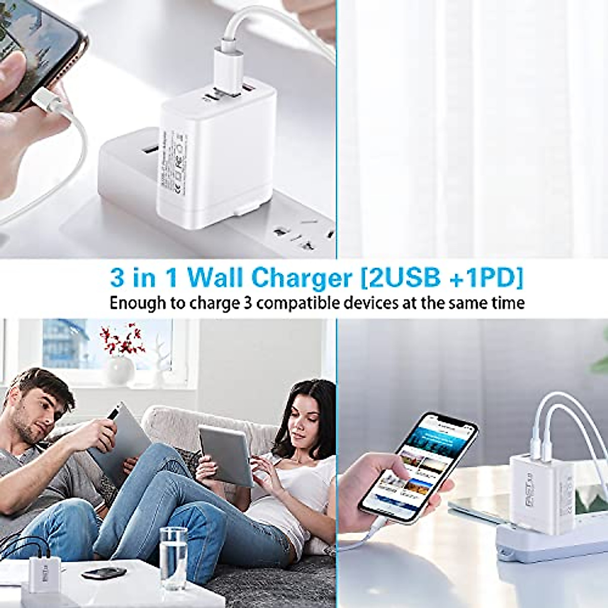 USB C Charger 2Pack, iSeekerKit 30W 3-Port Fast Type C Wall Charger Block with PD 3.0 + 5V/2.4A Foldable USB C Charging Block Plug Compatible for iPhone 14/13/Pro Max/Samsung Galaxy/Pixel 7-White
