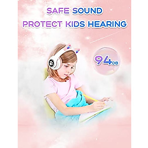 VuyKoo Kids Headphones with Microphone/RGB LED Light Up, Cat Ear Bluetooth Headphones 94dB Volume Limiting, Foldable Stereo Over-Ear Headphones for Kids Tablet/School/iPad/Smartphone (Pink)