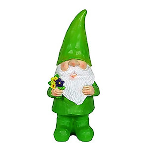 Exhart Solar Green Woodland Garden Gnome Statue, LED Hat, Durable Resin, Cute Yard Décor, 5”x5 x11