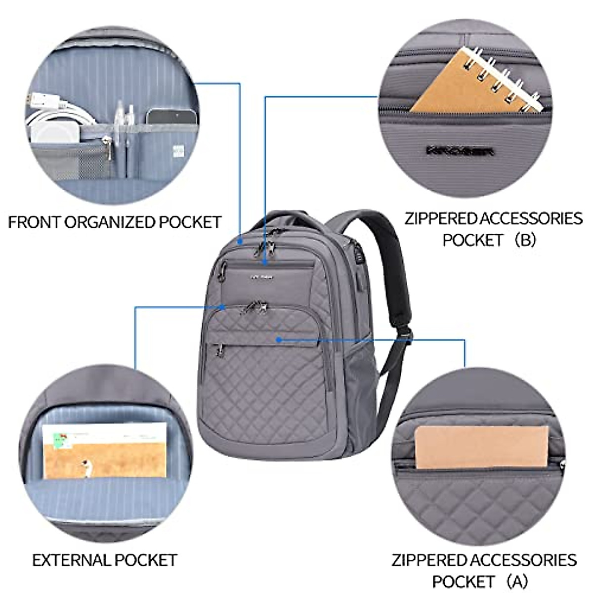 KROSER Travel Laptop Backpack 17 Inch Large Computer Backpack Water-Repellent Daypack with USB Charging Port & Headphone Interface RFID Pockets for Work/Business/College/Men/Women Dark grey(Quilted)