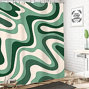 LIGHTINHOME Aesthetic 70S Shower Curtain 60Wx72H Inches Green Y2K Abstract Waves Swirl Cute Retro Boho Groovy Bathroom Decor Shower Accessories Cloth Fabric Waterproof Polyester Set with Hooks