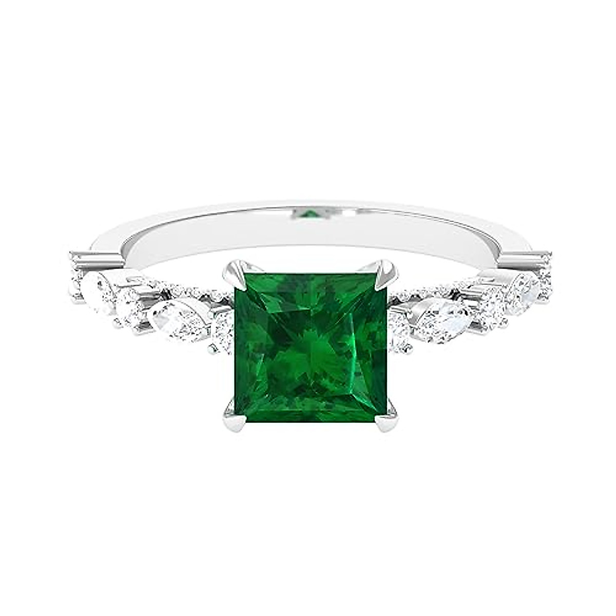 Certified Lab Grown Emerald 8mm Princess Cut Engagement Ring, AAAA Quality, Emerald Moissanite Ring - With Jewelry Box, 14K White Gold, Size:US 6.50