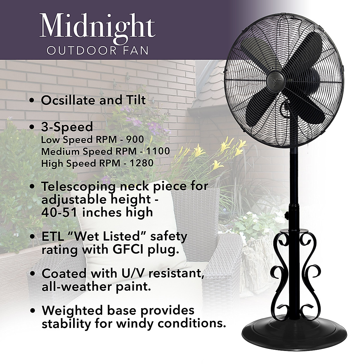 DecoBREEZE Pedestal Standing Fan, 3 Speed Oscillating Fan with Adjustable Height, Ebony, Antique Fan, 18 inches