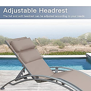 Domi Lounge Chair Set of 2, Aluminum Lounge Chairs for Outside with 5 Adjustable Positions, Chaise Lounge Outdoor for Pool, Garden, Beach, Camping, Backyard (Khaki)