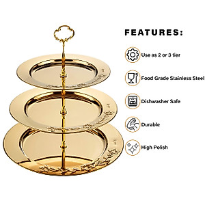 AKSHITHAA Large Food Grade Stainless Steel Three Tier Gold Cupcake Stand-Gold Dessert Stand-Gold Serving Tray-Three Tiered Gold Cake Stand for Weddings with Extra Gold Cake Server, Dishwasher Safe