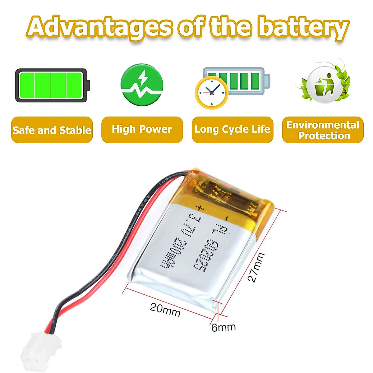 AKZYTUE 3.7V 200mAh 602025 Lipo Battery Rechargeable Lithium Polymer ion Battery Pack with PH2.0mm JST Connector