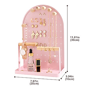 ProCase Cute Jewelry Organizer Stand Earring Holder Organizer for Dorm, Aesthetic Necklace Stand with 6 Removable Wood Hooks, Small Jewelry Display Rack with Bottom Tray for Bracelets Rings -Pink