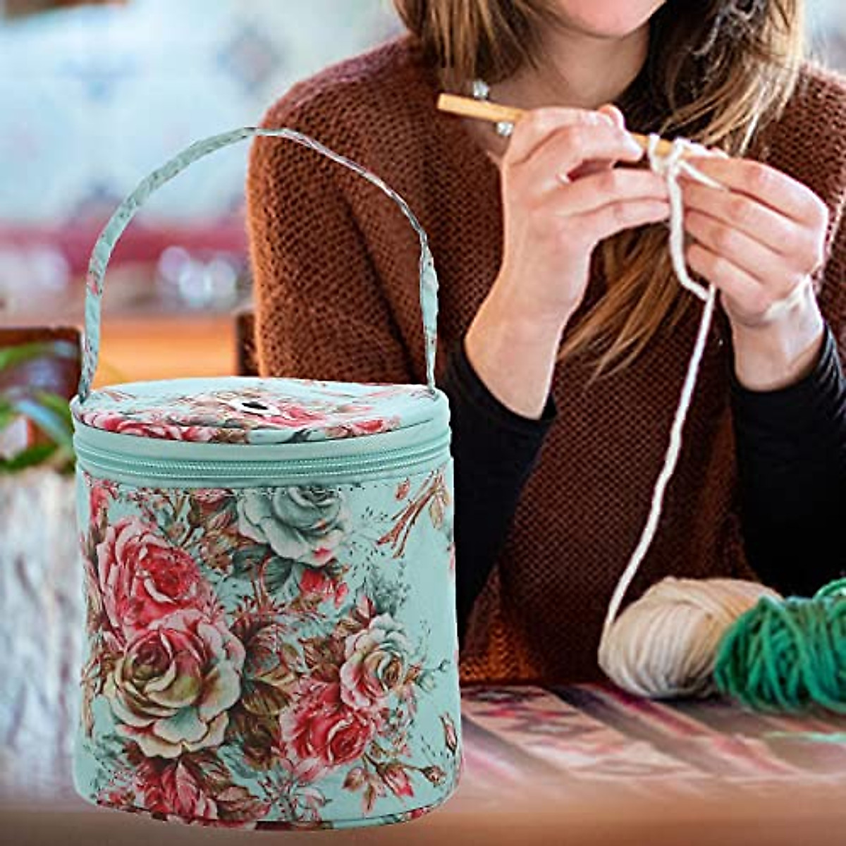 MagiDeal Yarn Storage Bag with Handle, Polyester Holder Case, Gift Tote Zipper Closure Crocheting Knitting Supplies Crochet Bag for Knitting Lovers, Flower