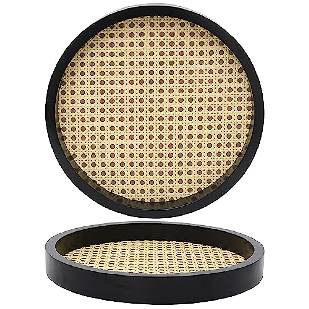 SwallowLiving Decorative Round Serving Tray with Imitated Rattan Handmade Ottoman Tray Boho Basket Wooden Black Frame Storage Tray 11.8” x 1.3“