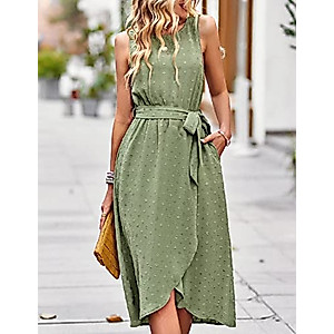 Falechay Midi Dresses for Women Wedding Guest with Belt Pocket Crew Neck Sleeveless Green Dress L Loose Vacation