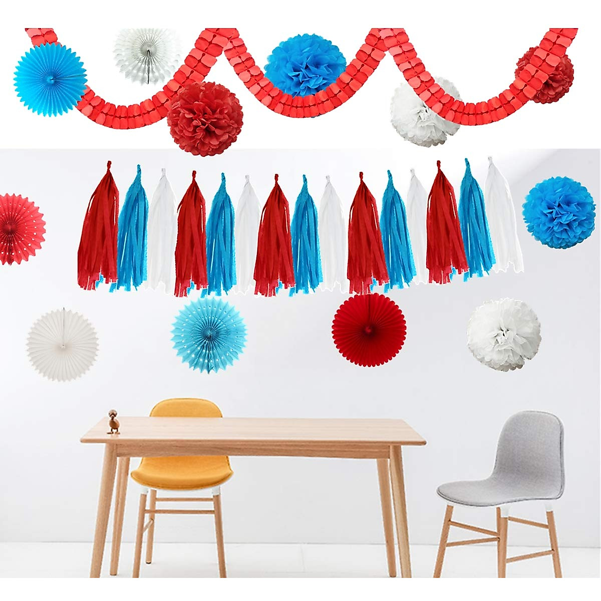 Dr Seuss Cat in The Hat 28PCS Red Blue White Carnival Birthday Bridal Baby Shower Wedding Bachelorette Decoration Kit - 12" 10" Tissue Pom Pom, 16" 12" 8" Paper Fan, Paper Tassel, Clover Garland