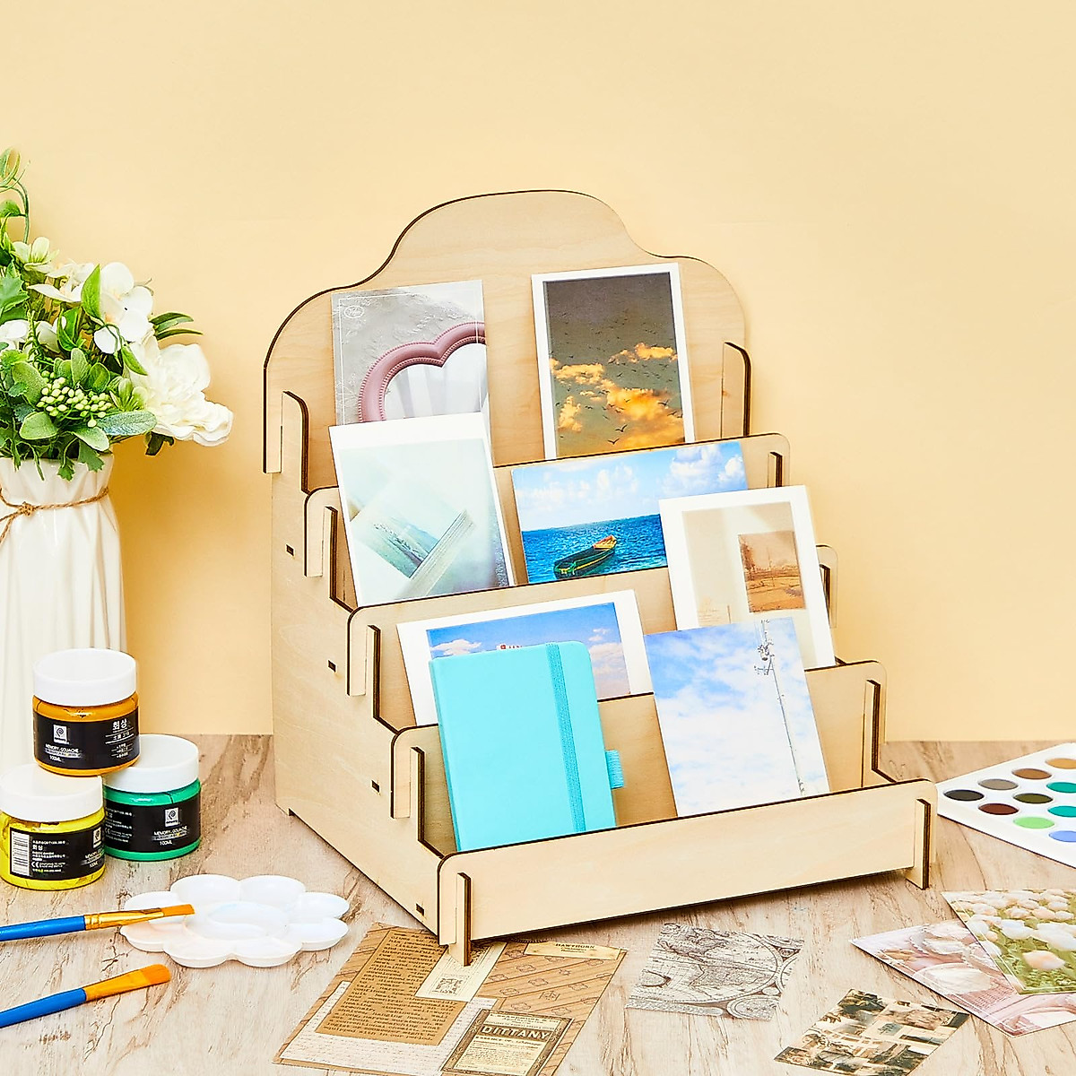 Barydat 2 Pcs 4 Tier Greeting Card Display Stand Wooden Sticker Display Stand Portable Card Display Rack for Vendors Retail Counter Table Display Trade Shows Showcase (Wood Color,11.8 Inch)