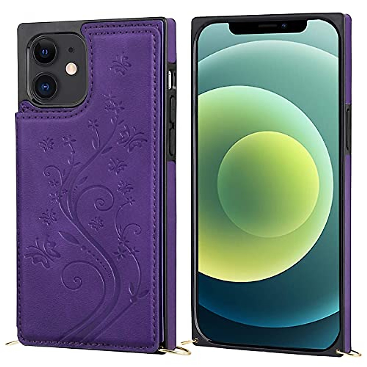 KIHUWEY Compatible with iPhone 12 iPhone 12 Pro Crossbody Wallet Case with Card Slots, Embossed Pattern Wrist Strap Kickstand Shoulder Crossbody Cover Case 6.1 Inch (Purple)