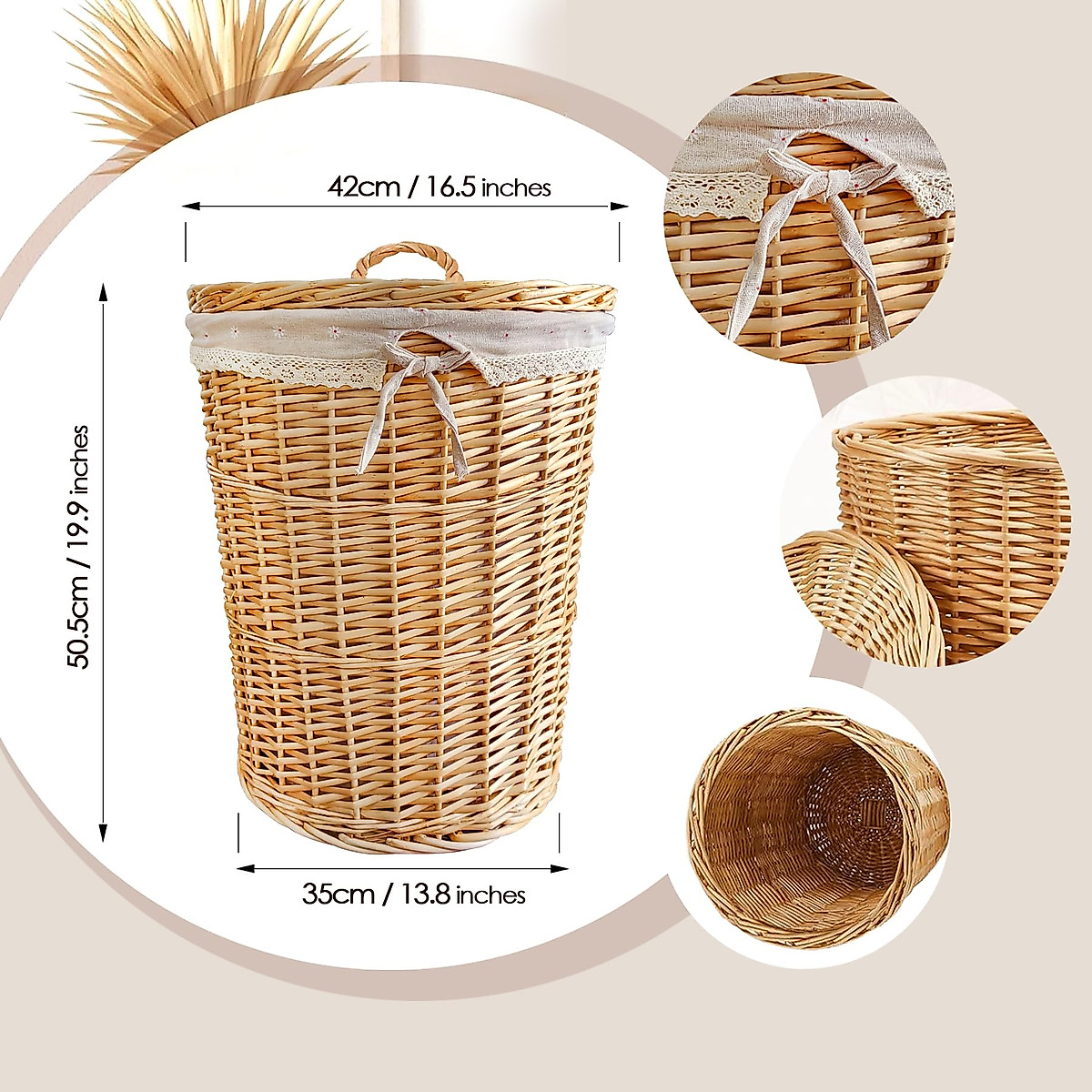 Winsterch Handwoven Laundry Hamper,Wicker Laundry Basket with Lid and Handles,Dirty Clothes Hamper Laundry Basket with Removable Liner Bag,Laundry Basket (Round)