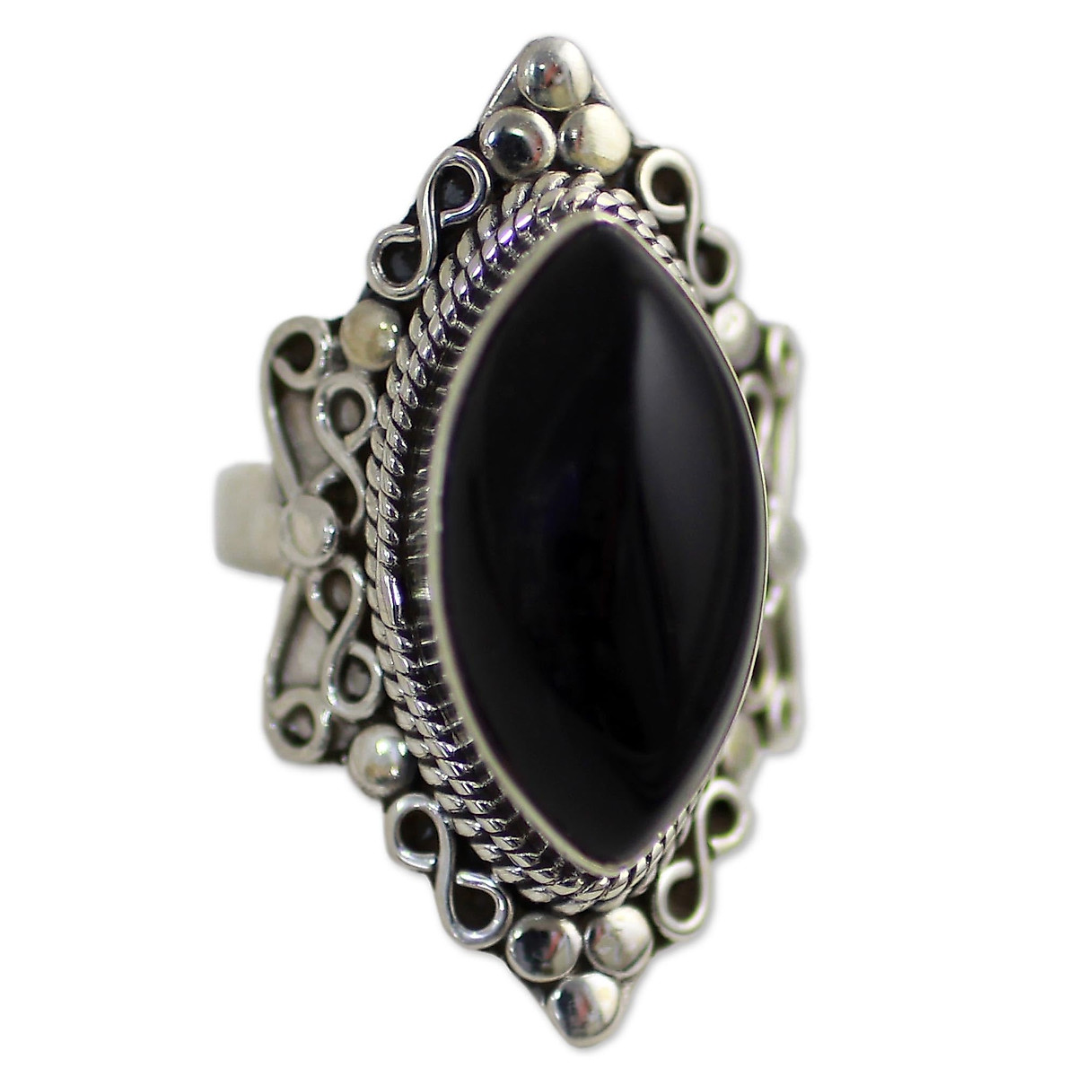 NOVICA Artisan Handmade Onyx Cocktail Ring Sterling Silver from India Black Birthstone [ring Front 1.3 in L x 0.8 in W x 0.4 in H Band Width 3 mm W] ' Lover' S Midnight Gaze'