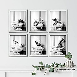 Funny Bathroom Decor Wall Art – Unframed Set of 6 (8 x 10 Inch) – Bathroom Wall Decor, Black and White Bathroom Decor, Kids Bathroom Decor, Animal Giraffe Penguin Elephant Bathroom Pictures for Wall Decor by LIYA Design Prints