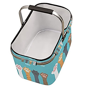 Cat Paw Print Market Basket Collapsible Large Picnic Basket Cute Animal Shopping Basket with Handle Heavy Duty Reusable Grocery Bags Folding Picnic Baskets for Shopping, Beach, Camping, Travel