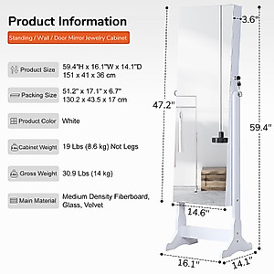 GISSAR Jewelry Organizer Full Length Mirror Jewelry Cabinet Standing/Wall/Hanging Door Jewelry Armoire Storage with Lights, Lockable, White