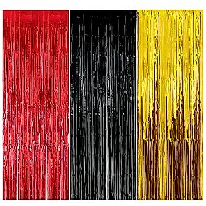 Mickey Birthday Party Supplies, Red Black Gold Fringe Curtains Photo Backdrop for Party Decorations (3 Pack)