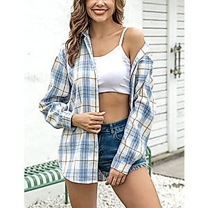 Silly Turtle Flannel Plaid Shirts for Women Oversized Long Sleeve Button Down Shirts Blouse Tops(0015-LightBlue-S)