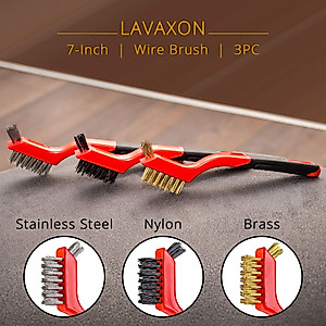 Lavaxon Wire Brush Set 3Pcs - Nylon/Brass/Stainless Steel Bristles with Curved Handle Grip for Rust, Dirt & Paint Scrubbing with Deep Cleaning – 7 Inches (Red)