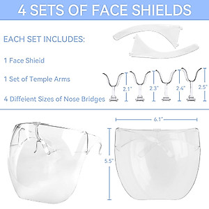 PICcircuit Face Shield with Glasses 4 Pack, Anti-Fog Clear Face Mask Full-Face Protection Reusable Breathable See Through Goggles for Adults