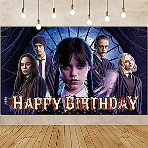 Wednesday New Addams Party Supplies, Happy Birthday Backdrop for Wednesday Party Decorations, 5 x 3FT Birthday Banner for Girls Boys Kids Birthday Party Decor