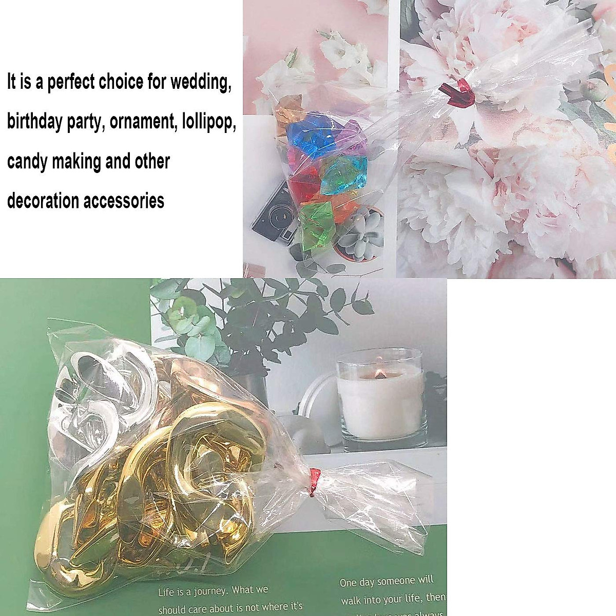 Cello Cellophane Treat Bags, 8 X 12 Inches Big OPP Clear Plastic Bags For Bakery, Popcorn, Cookies, Candies, Dessert with 6 Colors Twist Ties(100 Pieces Bags + 100 Pieces Twist Ties) (100, 8 X 12)