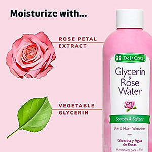 De La Cruz Rose Water and Glycerin for Face - Rosewater Facial Toner and Moisturizer for Skin and Hair 8 fl oz. (236 mL) - 1 Bottle