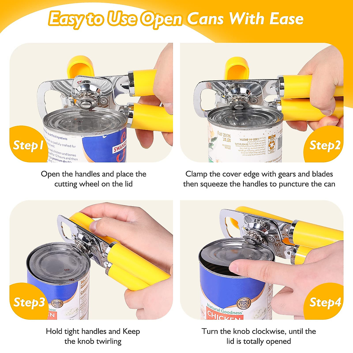 Can Opener, Mabahoo Can Opener Manual Heavy Duty Hand Held Can Openers, Top Stainless Steel Smooth Edge, Easy Turn Knob, with Bottle Opener, Kitchen Gadgets Must Haves Accessories Utensils, Yellow