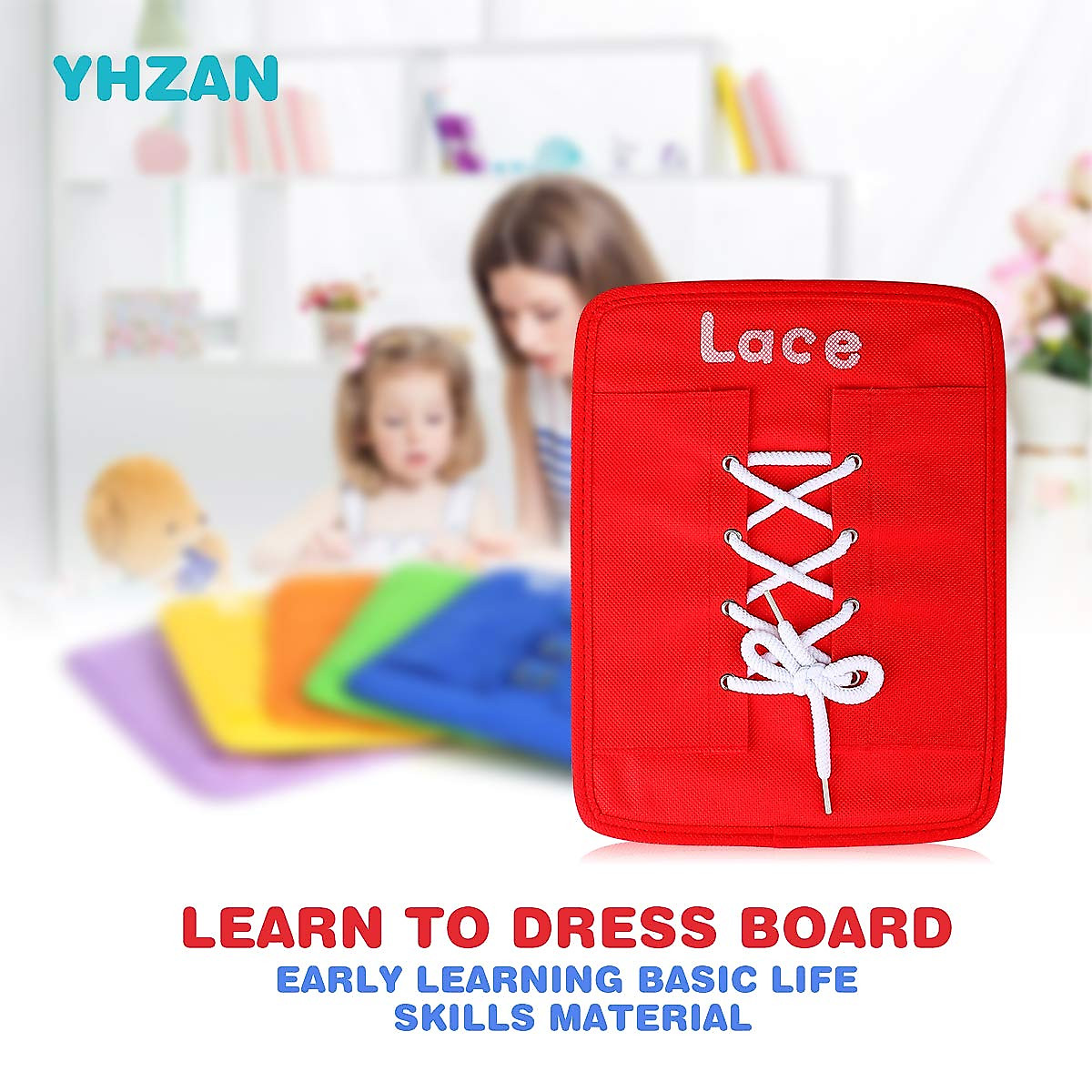 Yanhan Education Early Learning Basic Life Skills Fine Motor Dressing Board Preschool Supplies - Zip, Snap, Button, Buckle, Lace & Tie for Toddler 1-3 Activity Busy Board Toy