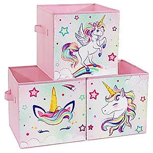 WERNNSAI Unicorn Cube Storage Bin - 3 Pack Organizer Storage Baskets with Handles Fabric Collapsible Storage Bins Set 11" x 11" x 11" Pink Sequin Decorative for kids Home Closet Nursery Room Bedroom