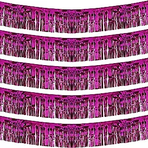 Blukey 10 Feet by 15 Inch Fuchsia Foil Fringe Garland - Pack of 5 | Shiny Metallic Tinsel Banner | Ideal for Parade Floats, Bachelorette, Wedding, Birthday, Christmas | Wall Hanging Drapes