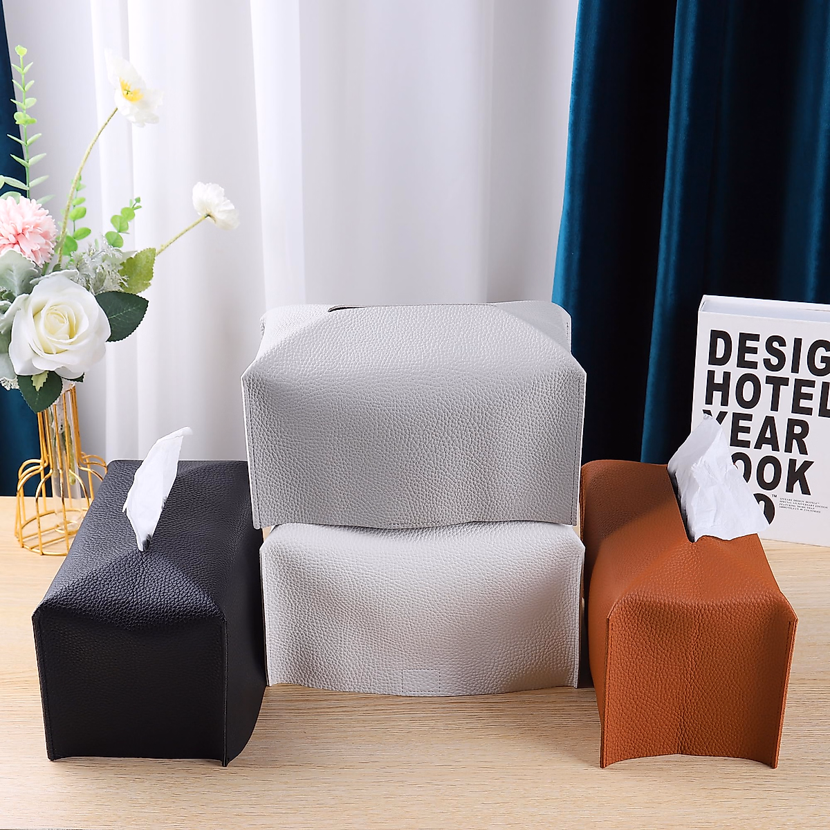 Tissue Box Cover, Leather Car Tissue Holder Rectangle, Black Toilet Tissue Box Holder Square for Bathroom (9.5 * 5 * 5 in, Gray)