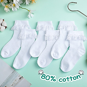 SATINIOR 6 Pairs Girls Ruffle Lace Sock White Eyelet baby Dress Socks for Girls Toddler Preschool Kindergarten(7-10 Years)