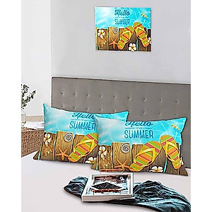 Edwiinsa Hello Summer Pillow Covers King Standard Set of 2 20x36 Bed Pillow, Tropical Ocean Starfish Slippers Spring Floral Plush Soft Comfort for Hair/Skin Cooling Pillowcases with Envelop Closure