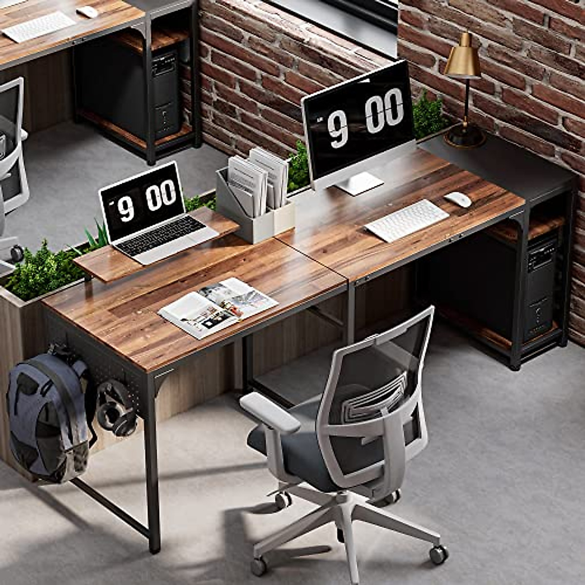 It's_Organized Reversible L Shaped Desk with Monitor Stand,58x47 inch Corner Desk,Study Writing Computer Table with Storage Shelves for Home Office,Rustic Brown/Black